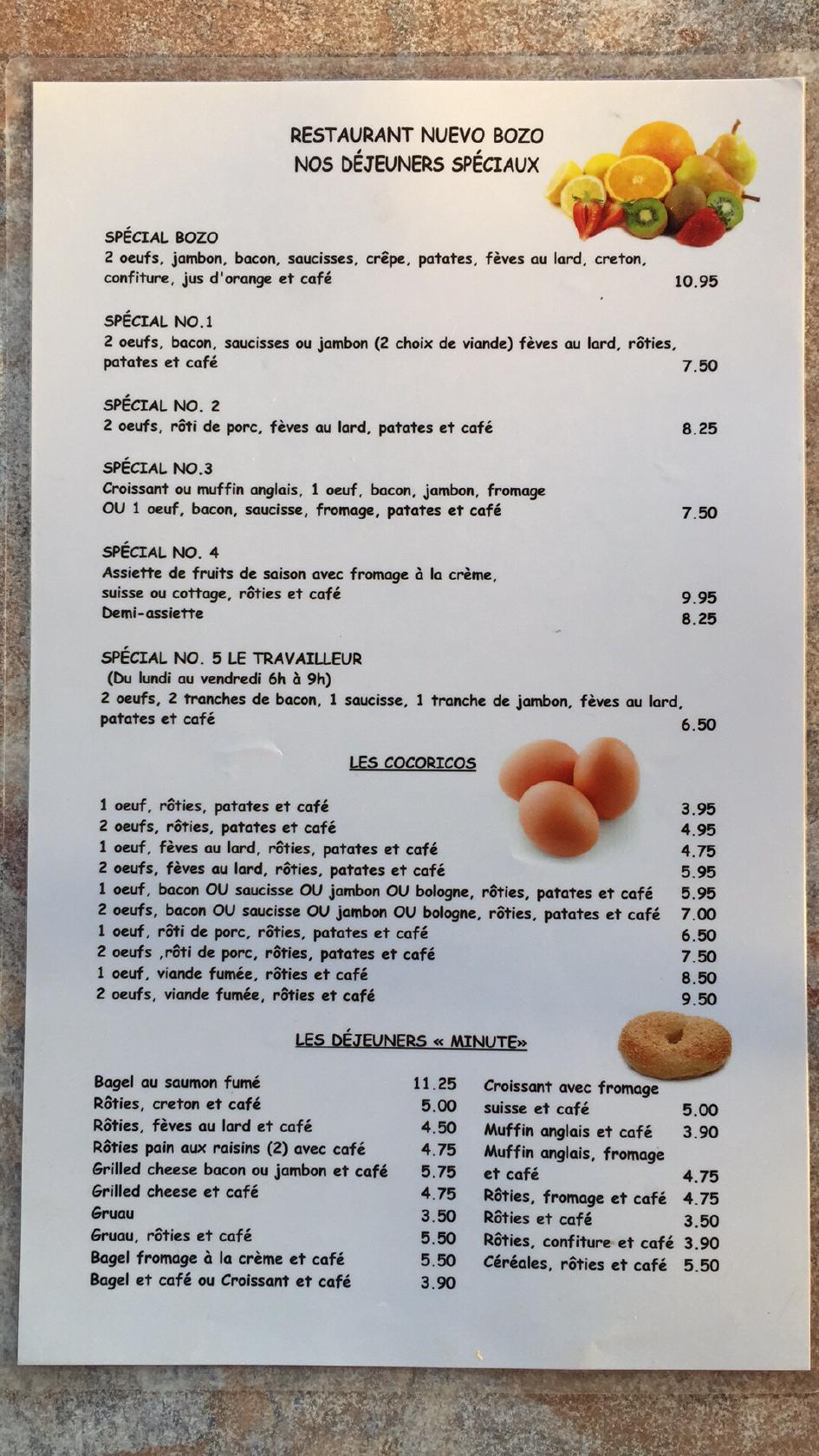 Menu au Restaurant Nuevo Bozo, Prévost
