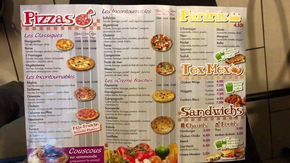 Menu at Pizza Time restaurant, Sully-sur-Loire