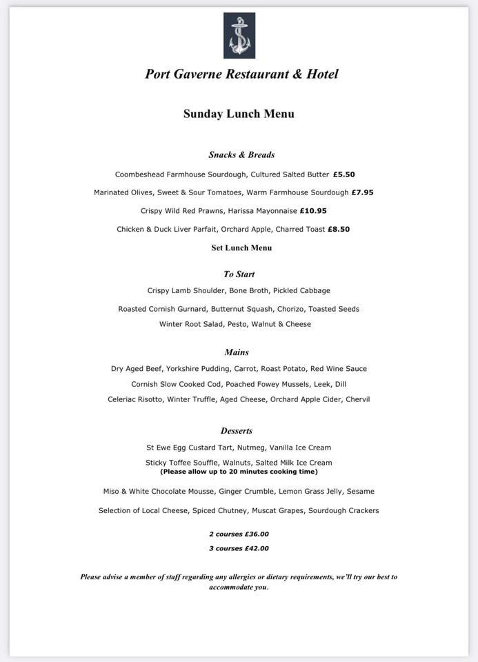 Menu at Port Gaverne Restaurant & Hotel, Port Isaac