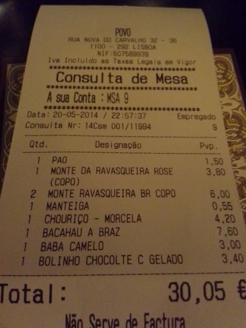Menu at Povo Lisboa pub & bar, Lisbon