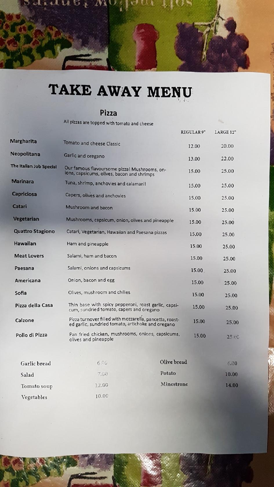 Carta de The Italian Job Restaurant, Auckland