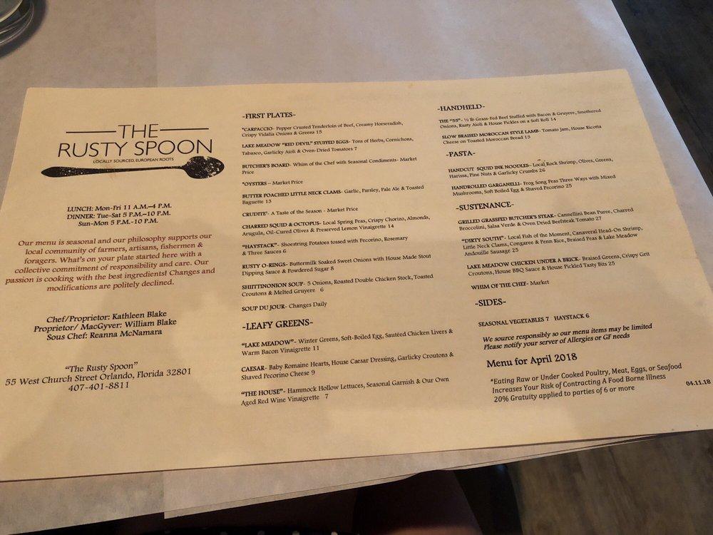 Menu at The Rusty Spoon restaurant, Orlando