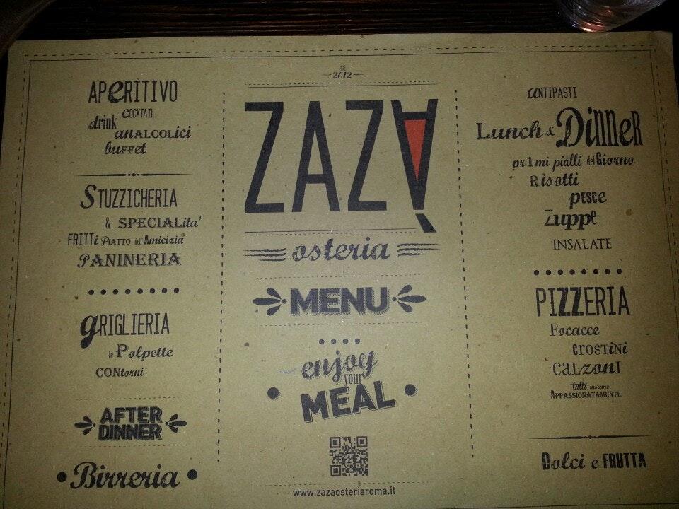 Menu at Zazà 2 restaurant, Rome