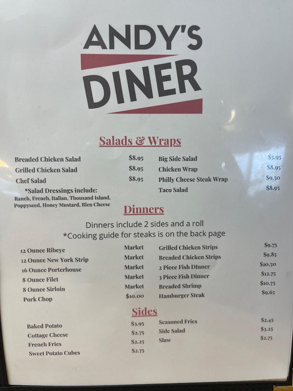 Menu at Andy's Diner restaurant, Elwood