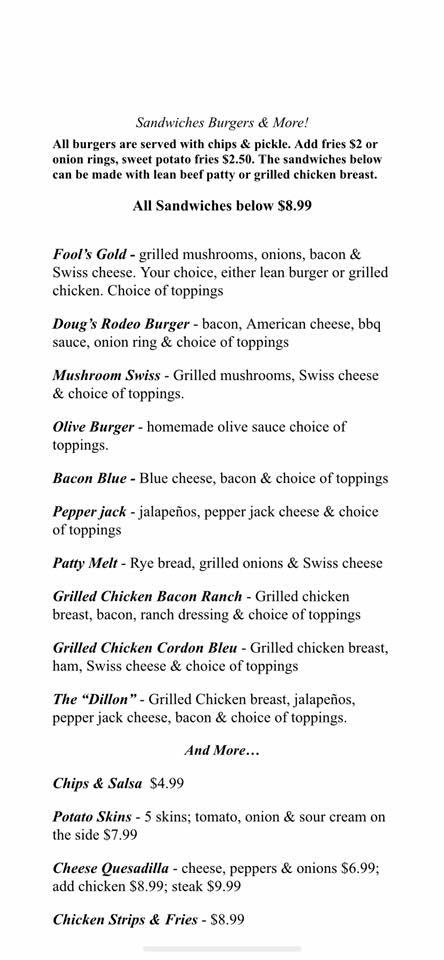 Menu at Fool's Gold Saloon restaurant, Webberville