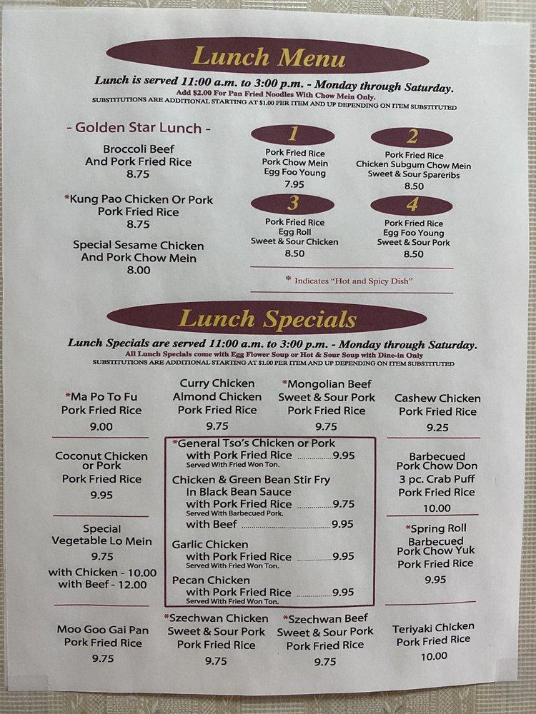 Menu at Golden Star Restaurant, Astoria