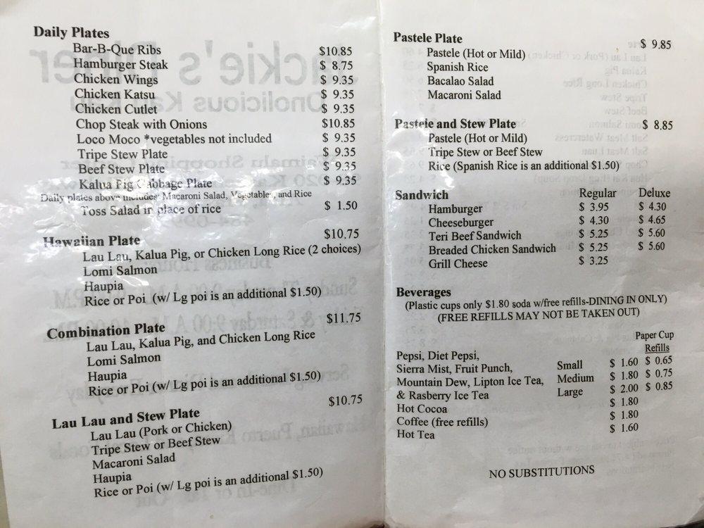 Menu at Jackie's Diner restaurant, Aiea