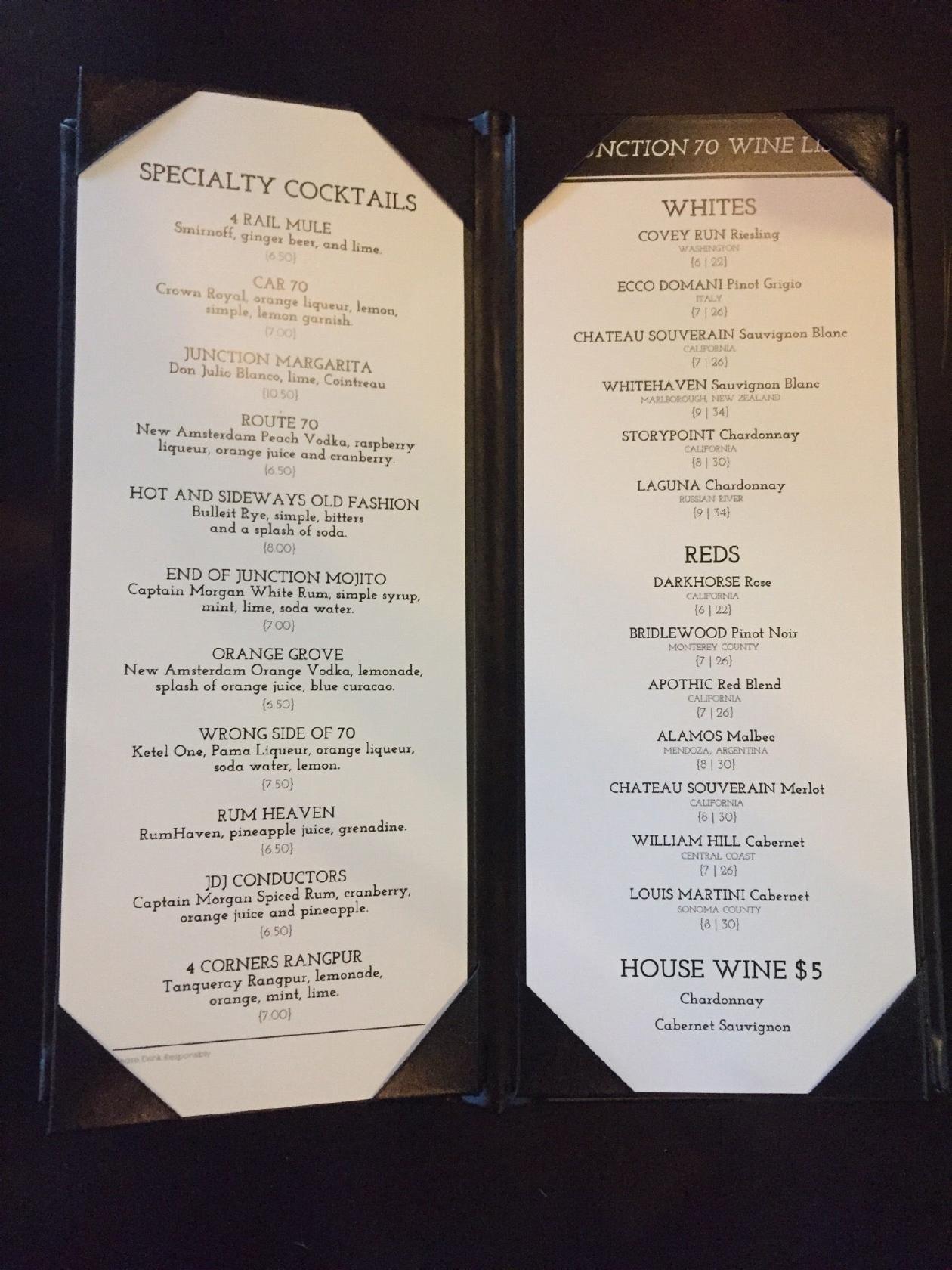Menu at Junction 70 Grill pub & bar, Cottage Grove