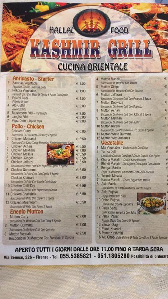 Menu at Kashmir grill restaurant, Florence, Via Senese