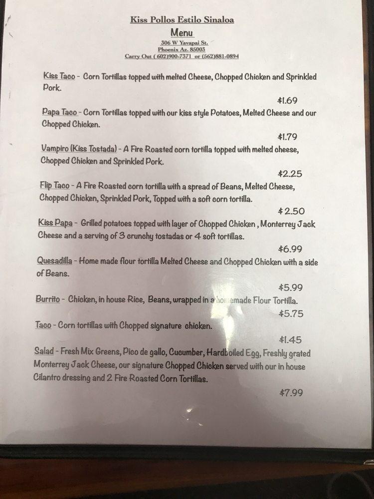 Menu at Kiss Pollos Estilo Sinaloa restaurant, Phoenix