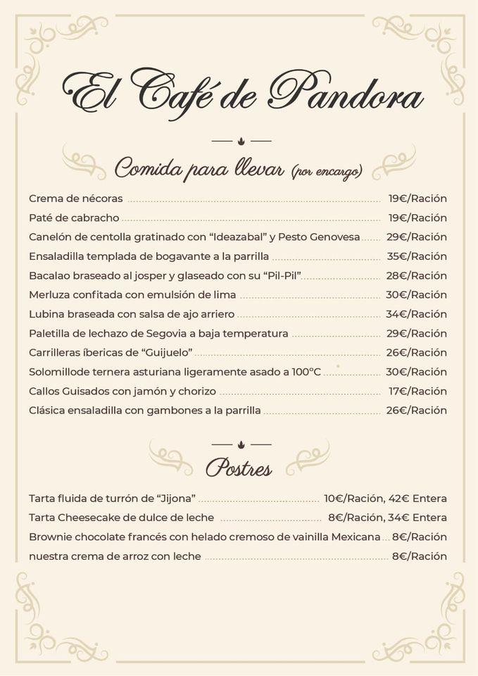 Carta del restaurante El Pandora, Aviles