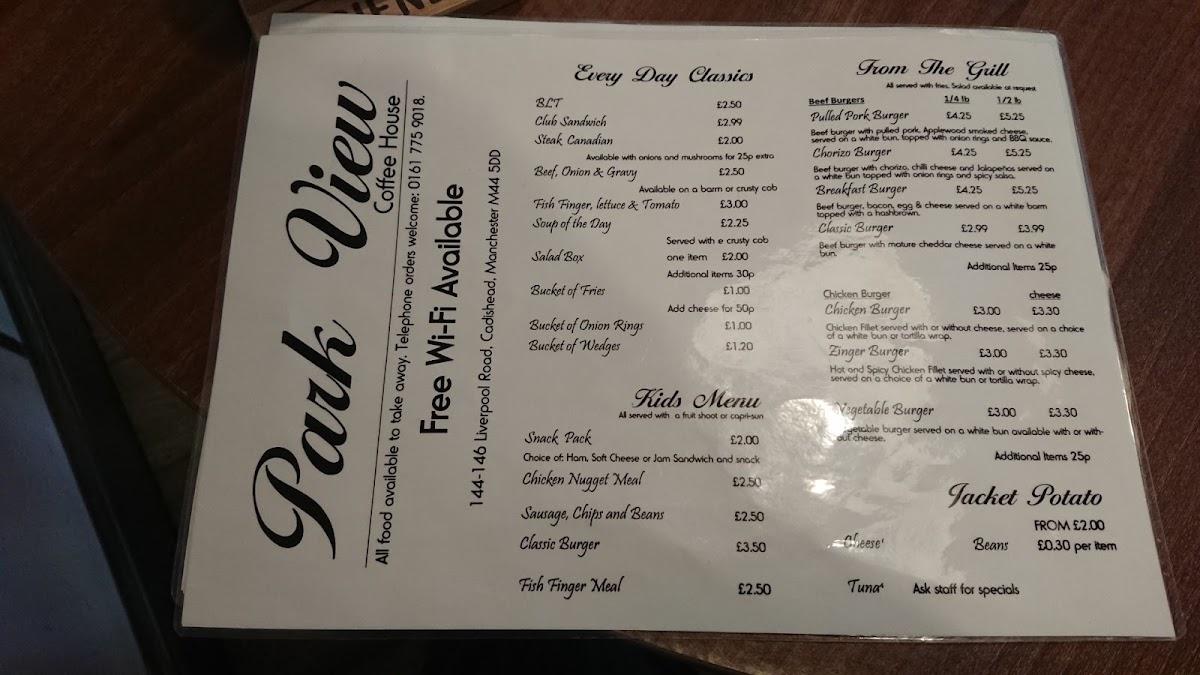 Menu at Park View Coffee House, Cadishead