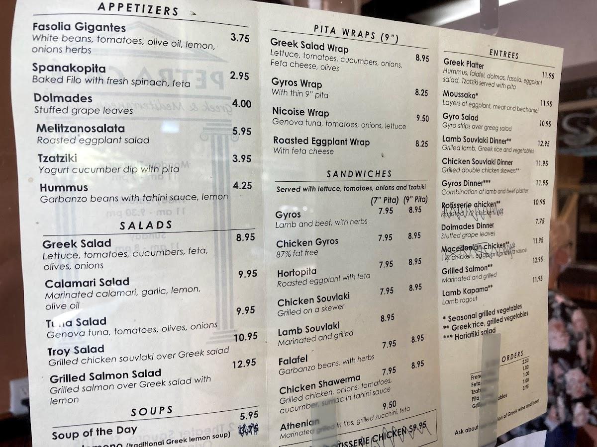 Menu at Petra cafe, Orinda