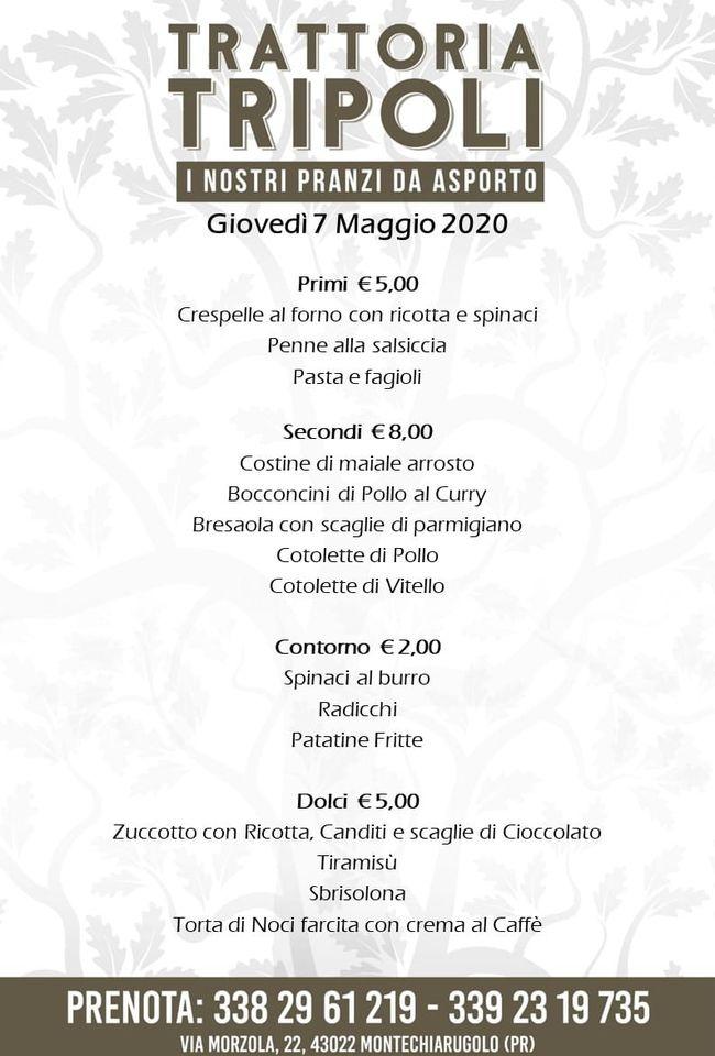 Menu at Trattoria Tripoli restaurant, Monticelli Terme, Via Morzola