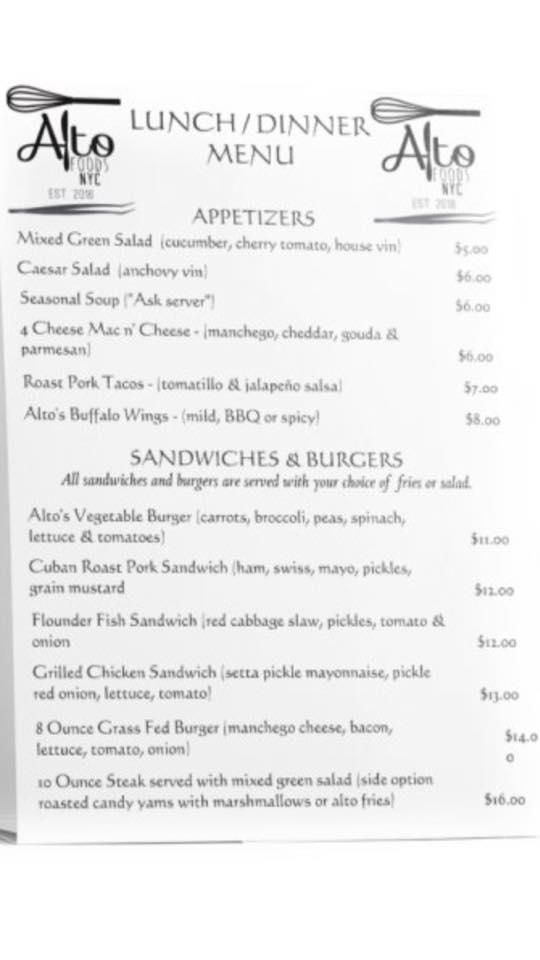 Menu at Alto Foods restaurant, New York City