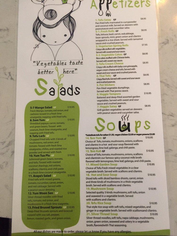 Menu at Araya's Place on E. Madison restaurant, Seattle, E Madison St
