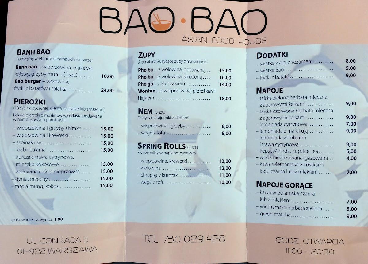 Menu at Bao Bao Yummy Vietnam restaurant, Warsaw