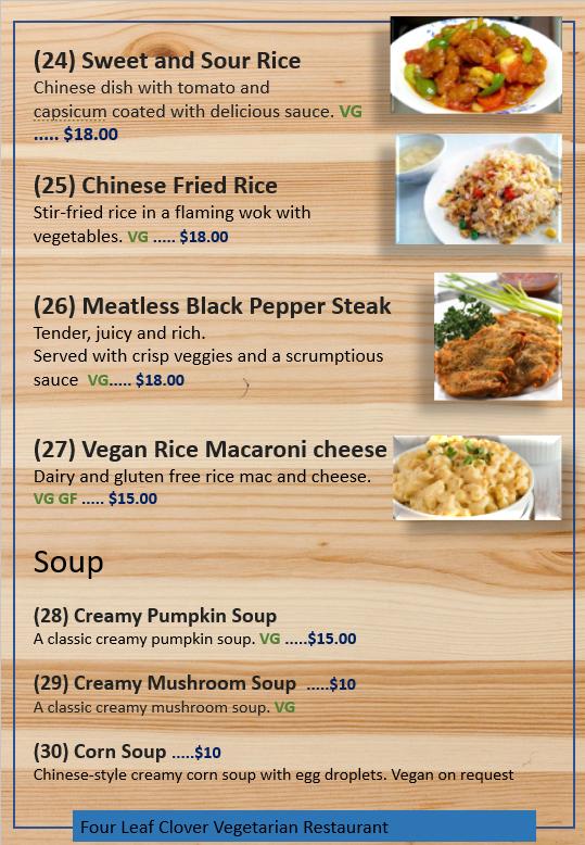 Menu at Four Leaf Clover Vegetarian Restaurant, Timaru