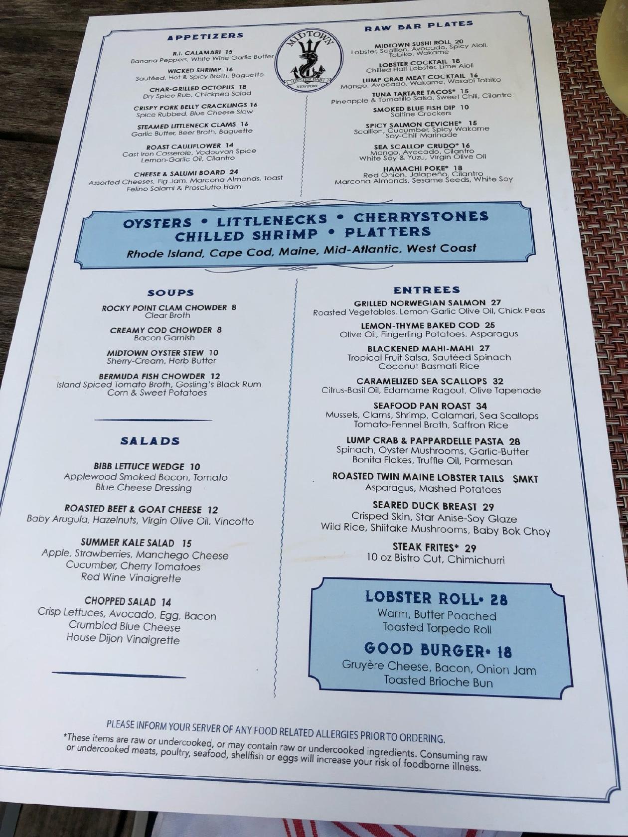 Menu at Midtown Oyster Bar, Newport