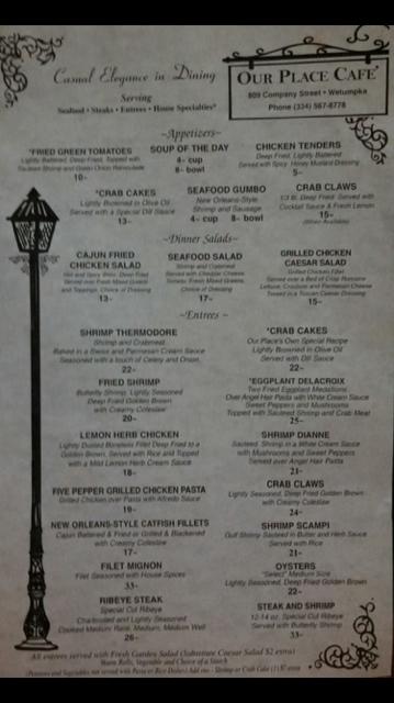 Menu at Our Place Cafe, Wetumpka