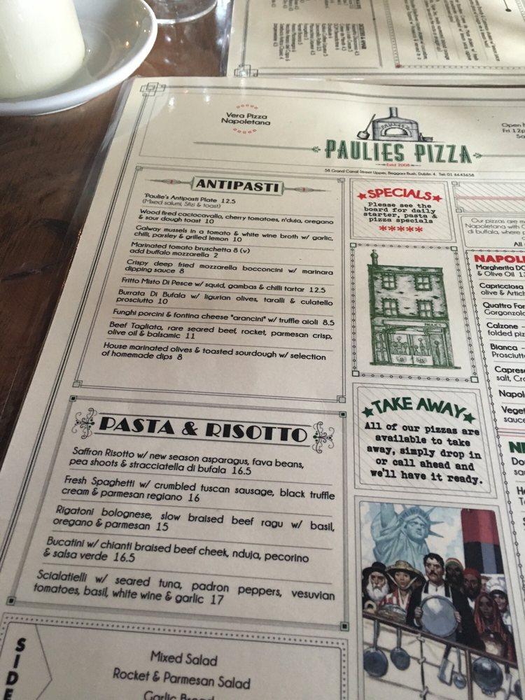 Menu at Paulies Pizza pizzeria, Dublin