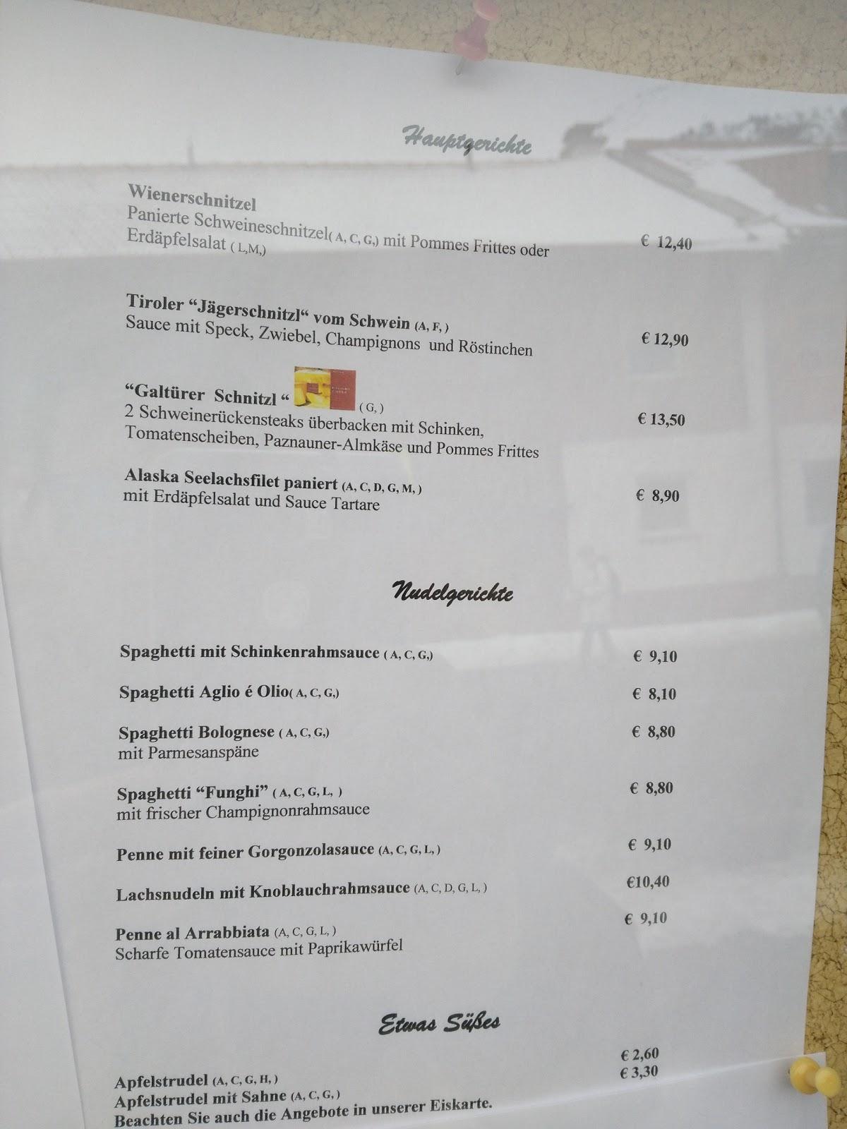 Speisekarte von Pizzeria Peppone, Galtür