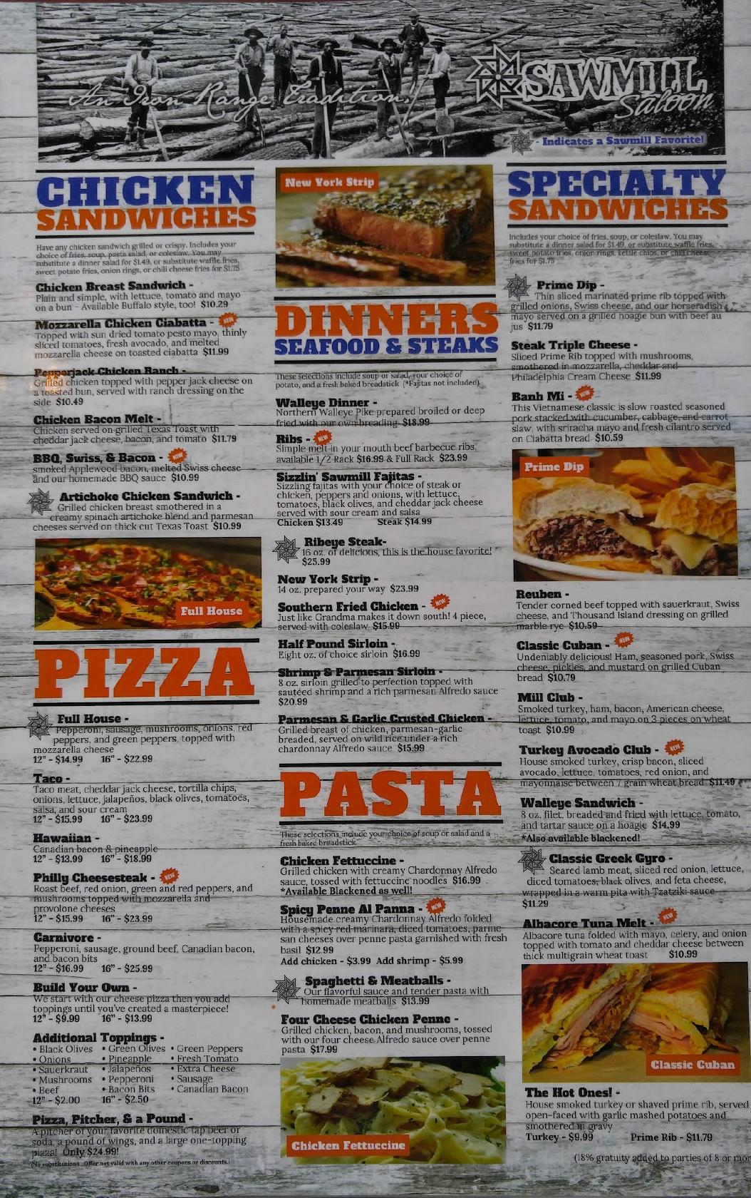 Menu at Sawmill Saloon & Restaurant, Virginia