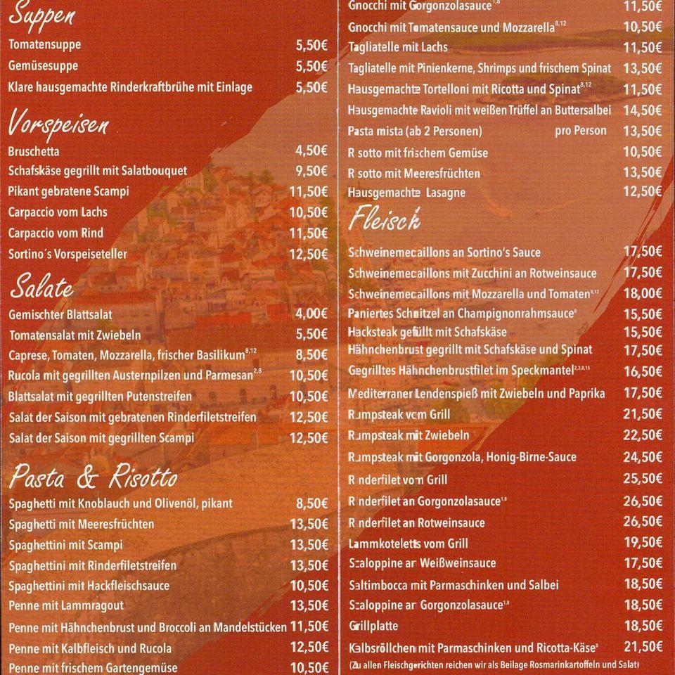 Menu at Sortino's restaurant, Langen