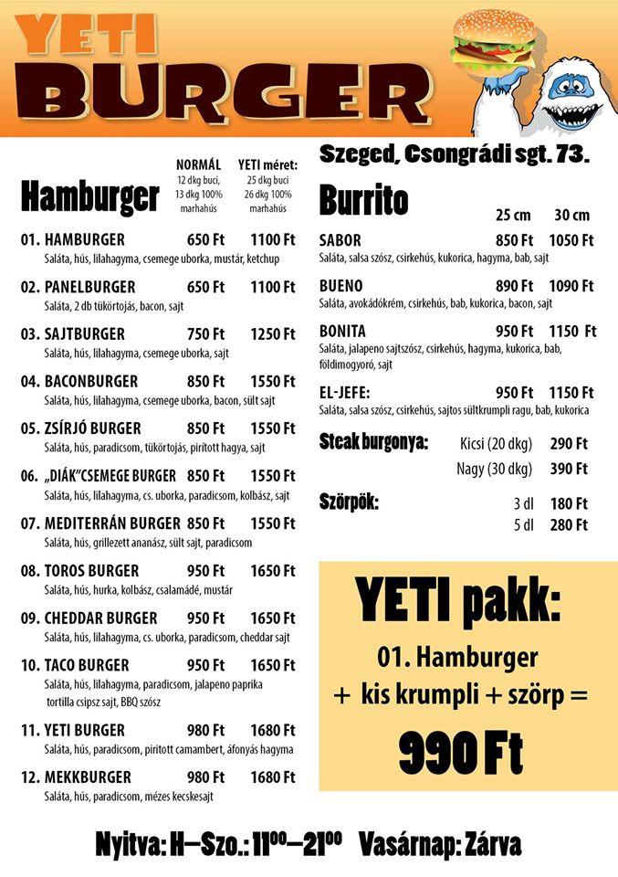 Menu at Yeti Burger fast food, Szeged