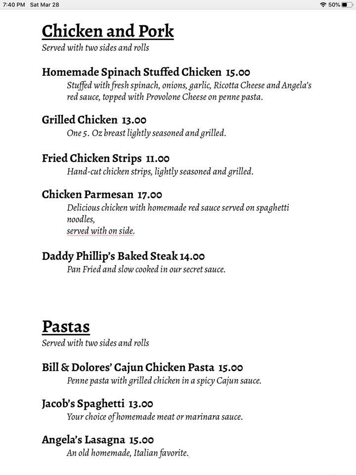Menu at Angela’s on the River pub & bar, Saint Albans