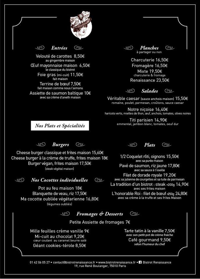 Menu at Bistrot Renaissance pub & bar, Paris