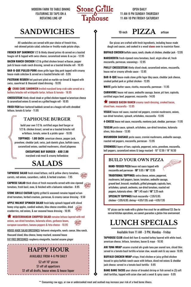 Menu at Stone Grille & Taphouse pub & bar, York
