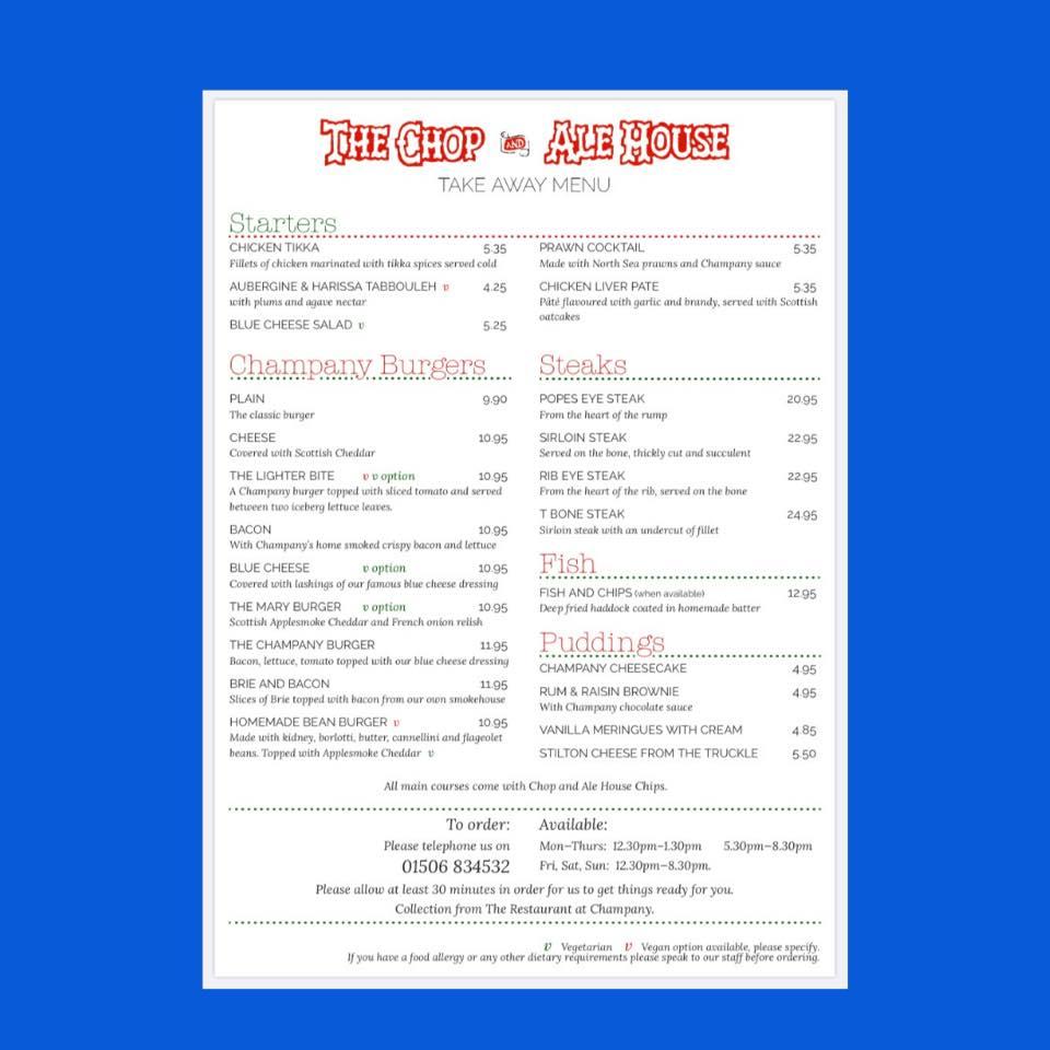 Menu at The Chop and Ale House at Champany Inn steakhouse, Linlithgow
