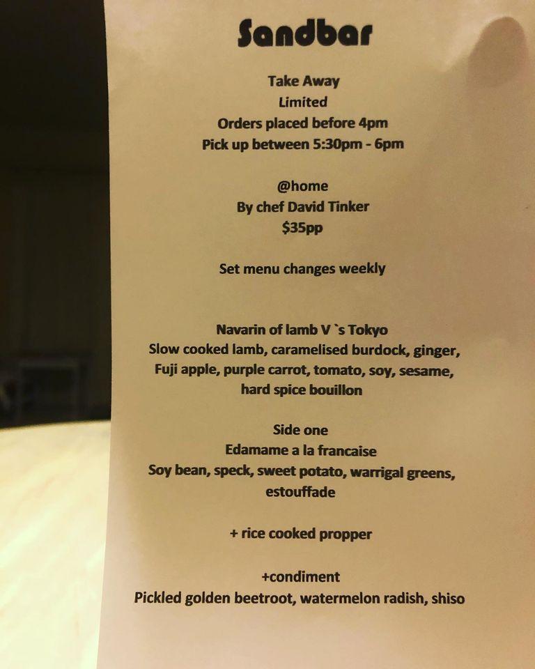 Menu at The Sandbar, Batemans Bay