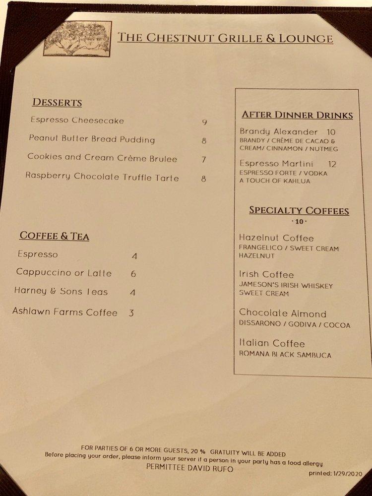Menu at Chestnut Grille at the Bee & Thistle Inn restaurant, Old Lyme