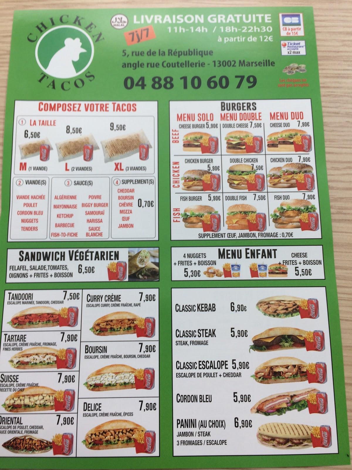 Menu at Chicken Tacos Restaurant, Marseille