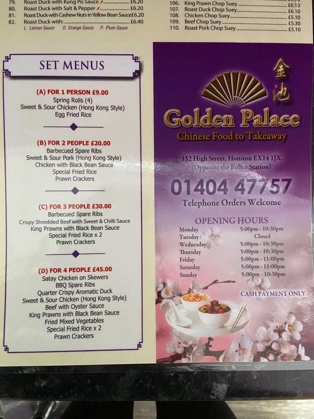 Menu at Golden Palace fast food, Honiton