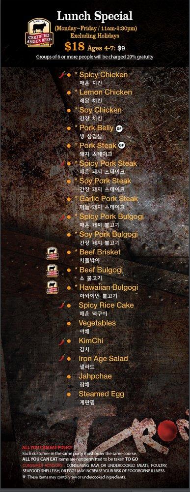 Menu at Iron Age Korean Steakhouse - Druid Hills, Atlanta