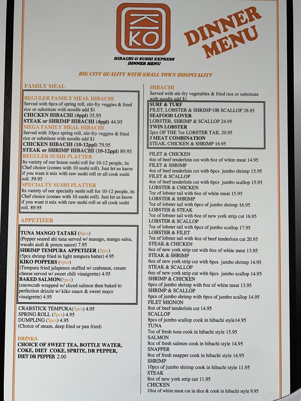Menu at Kiko Hibachi & Sushi Express restaurant, Bolivar
