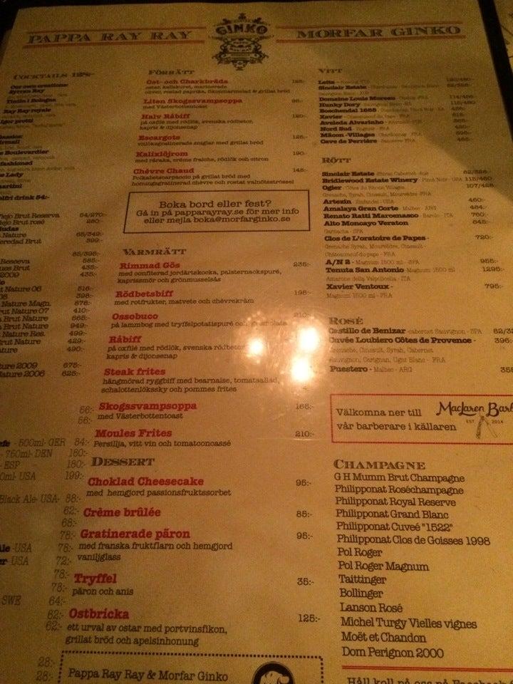 Menu at Morfar Ginko pub & bar, Stockholm