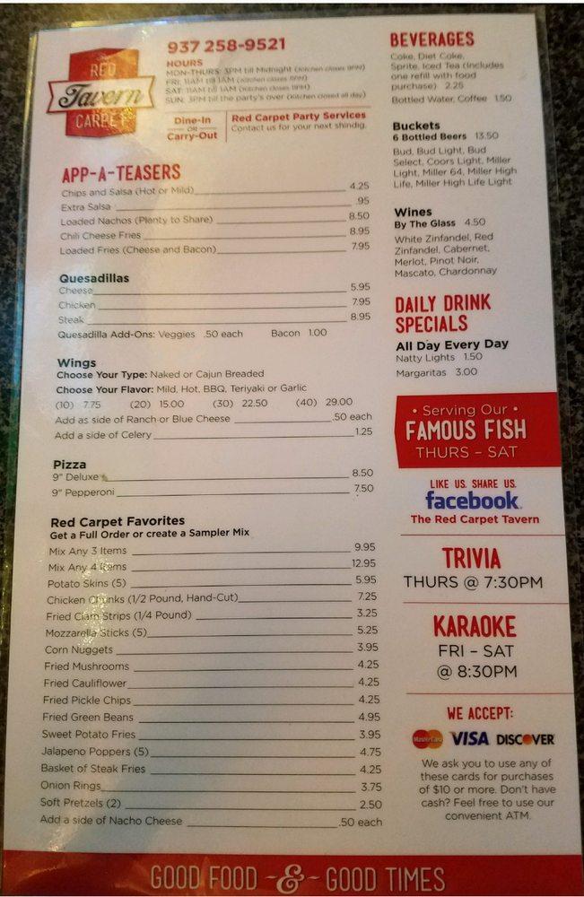 Menu at Red Carpet Tavern pub & bar, Dayton