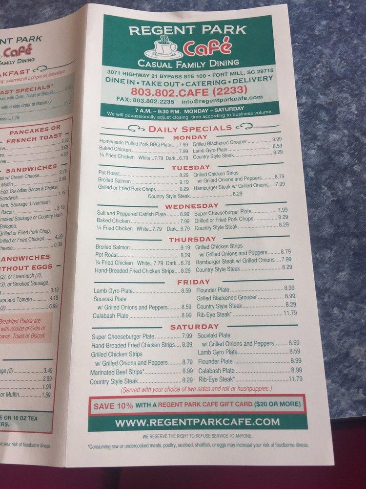 Menu at Regent Park Cafe, Fort Mill, US-21