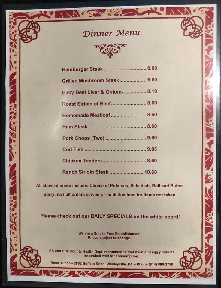 Menu at Russ' Dinor restaurant, Erie