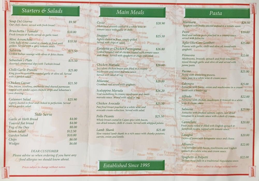 Menu at Sebastian's Italian Cafe, East Victoria Park