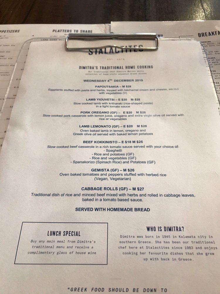 Menu at Stalactites Restaurant, Melbourne
