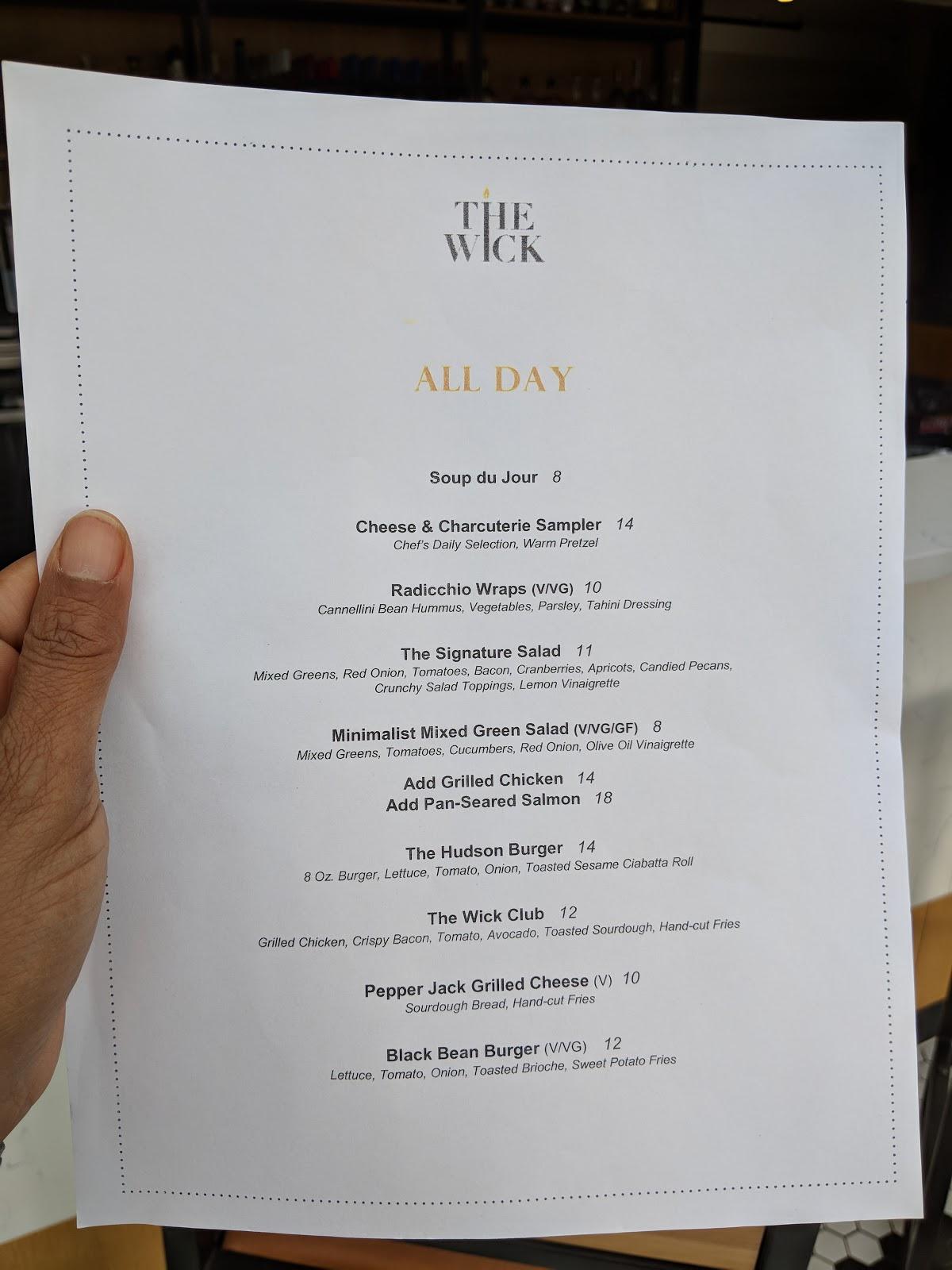Menu at The Wick Restaurant and Lobby bar, Hudson