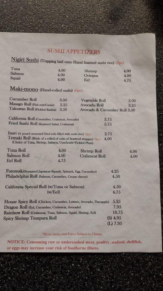 Menu at Yakitori House Restaurant, Jacksonville