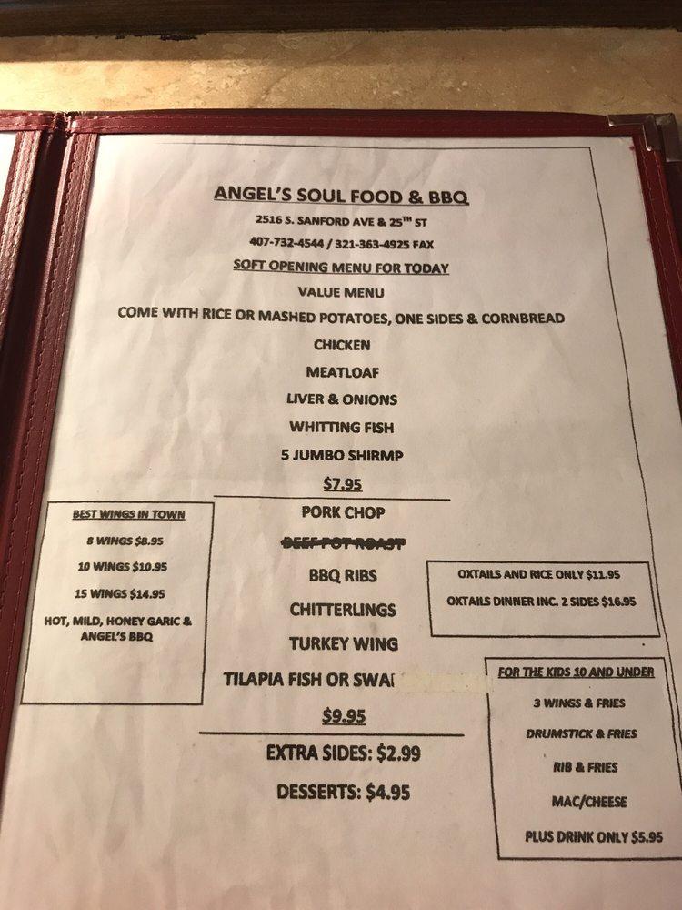 Menu at Angel's Soul food & BBQ, Sanford
