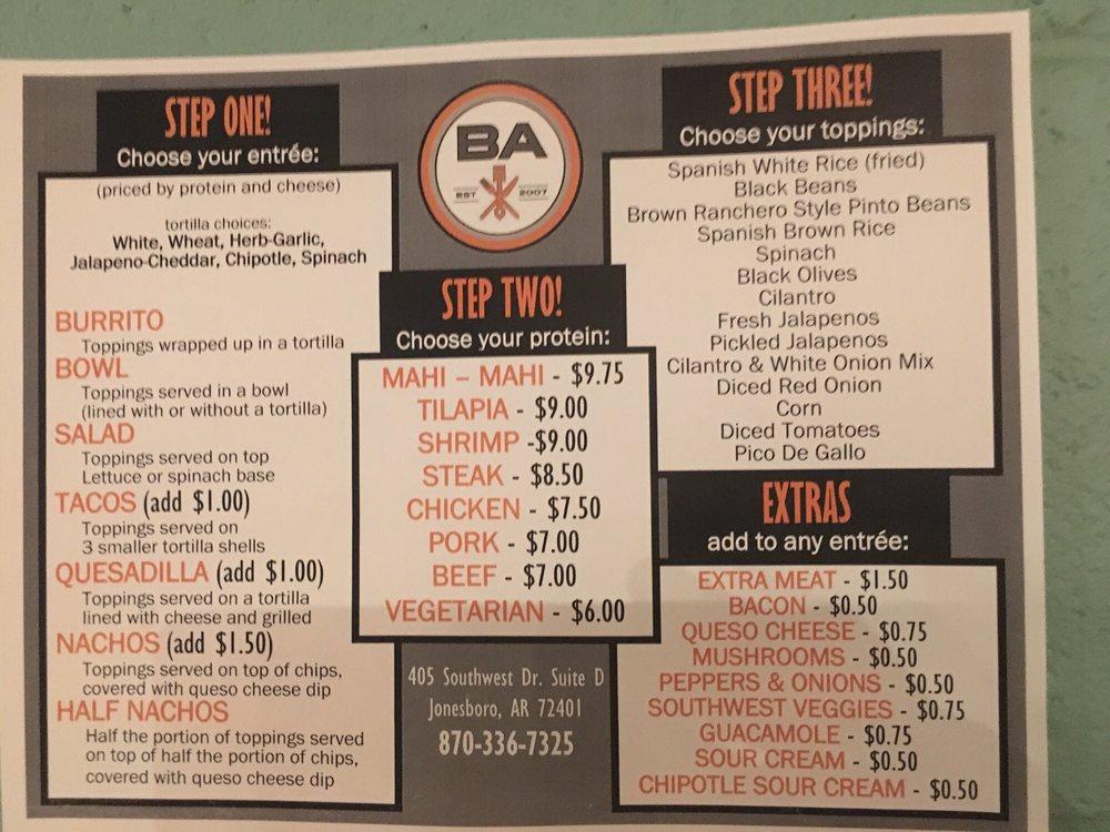 Menu at B A Burrito restaurant, Jonesboro