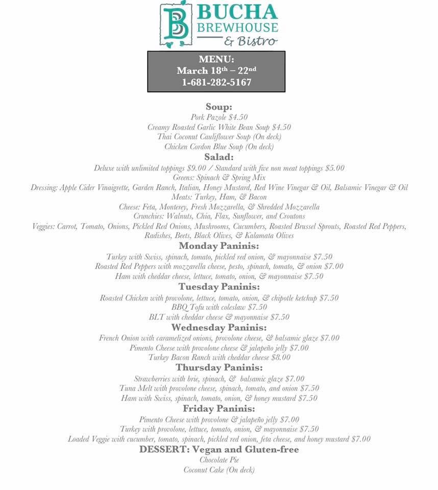 Menu at Bucha Brewhouse & Bistro restaurant, Princeton